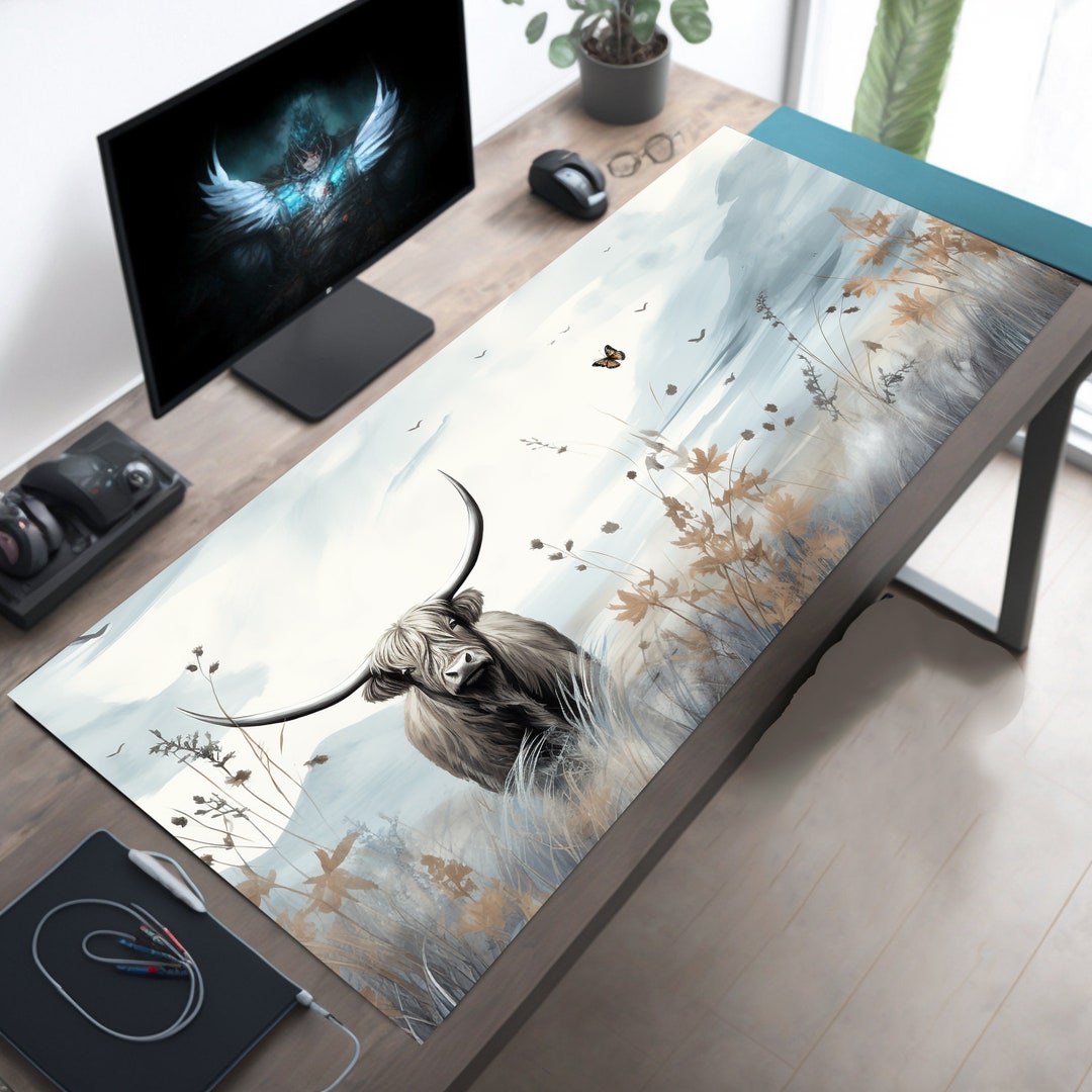 Washed Watercolor Highland Cow Desk Mat, Aesthetic Mousepad, Cute Mouse ...