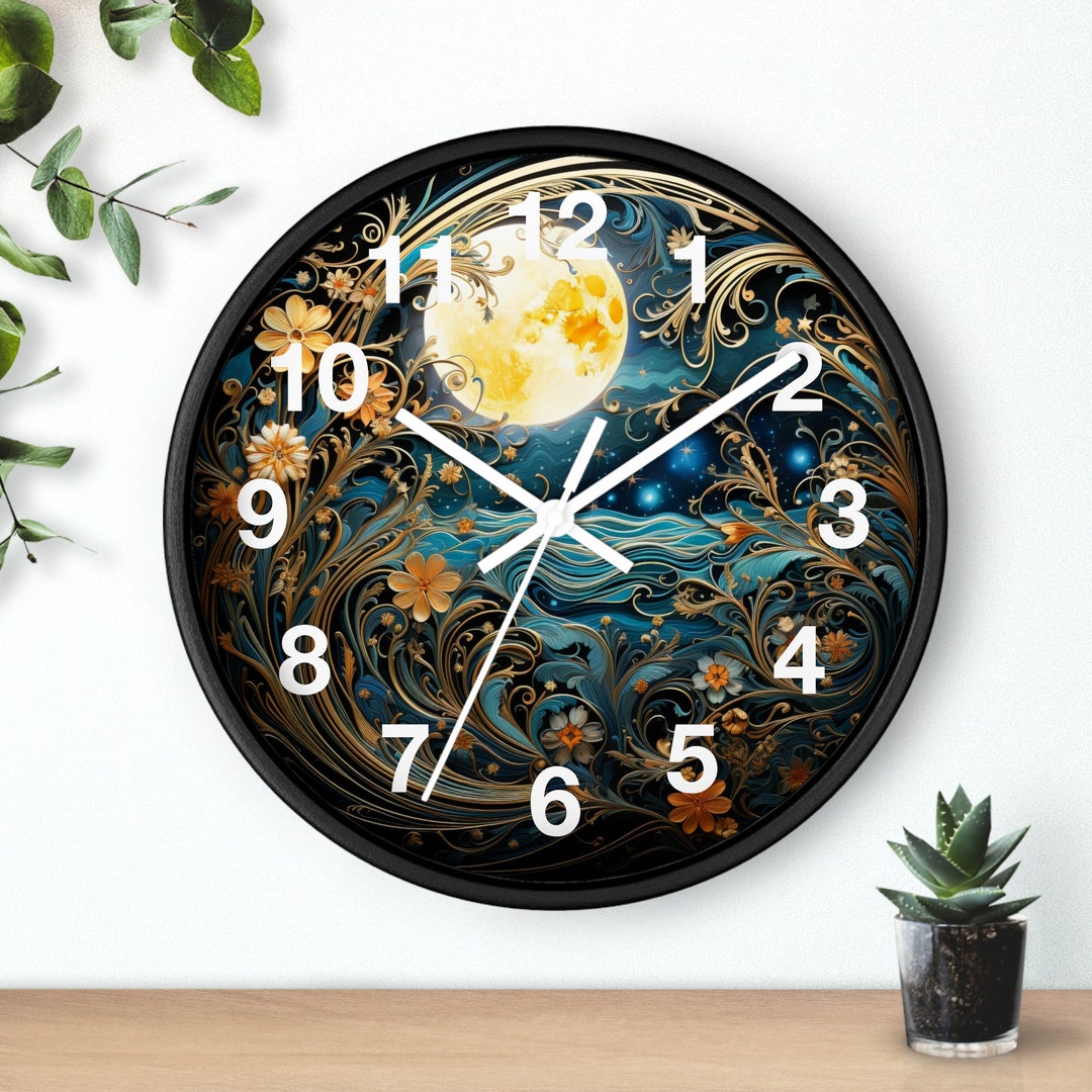 Celtic-inspired Wall Clock, Golden Moon and Wildflower Print, Timeless ...