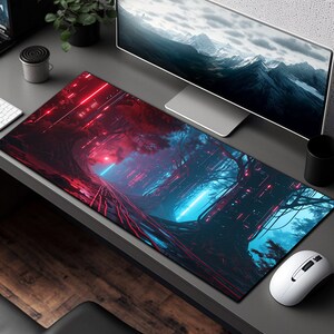 Cyberpunk Forest Gaming Desk Mat, Techno Futuristic Nature Mousepad ...