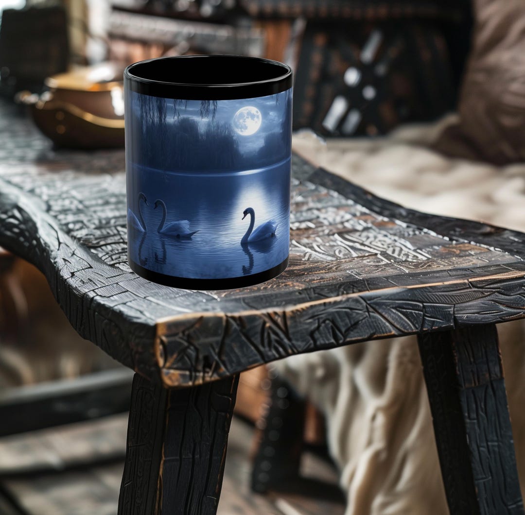 Dark Romanticism Nighttime Lake and Swans Mug - Gothic Swans and Full ...