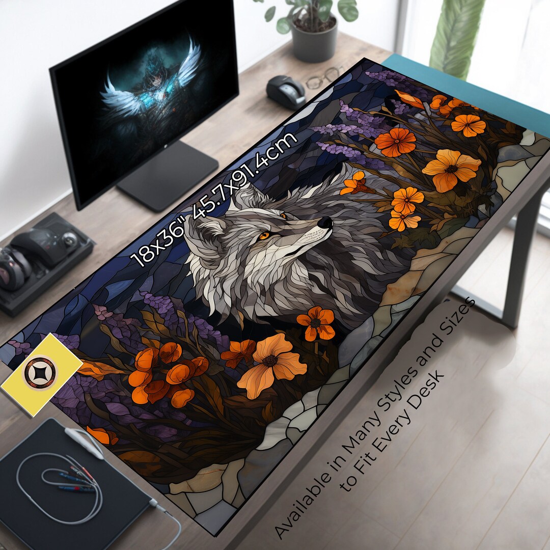 Medieval Style Stained Glass Wolf and Wildflowers Print - Gaming Desk ...