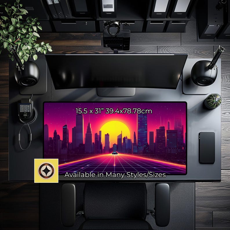 Synthwave Cityscape Desk Mat - Large Neon Retro 80s-inspired Mousepad ...