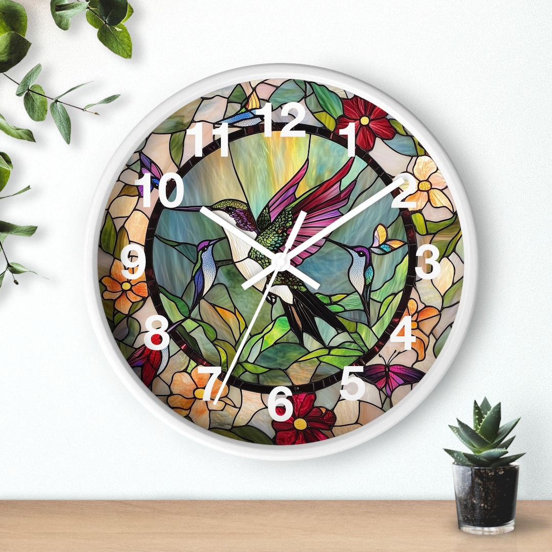 Lovely Hummingbirds Round Wall Clock Featuring Look of Stained Glass ...