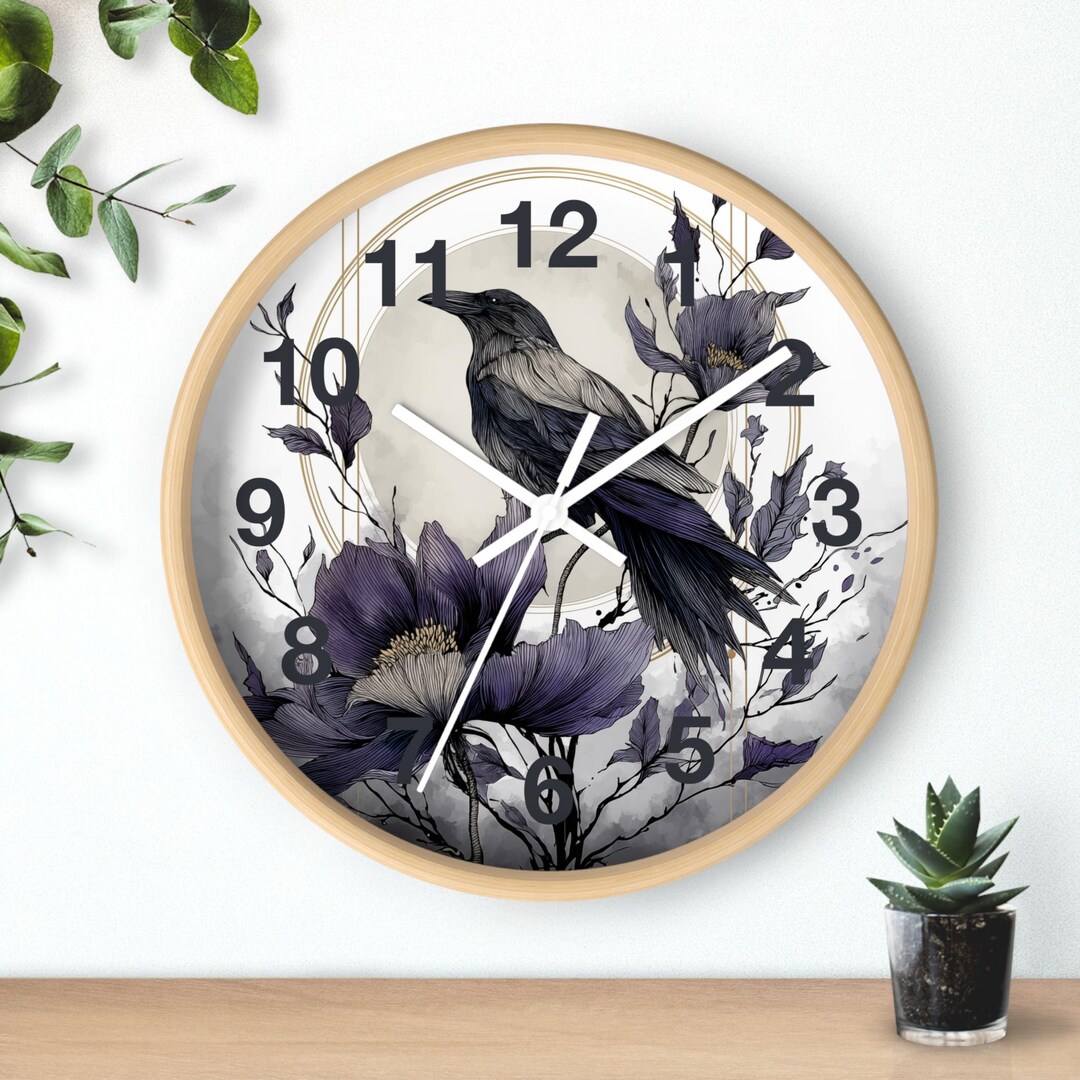Art Nouveau Floral Crow 10" Round Wall Clock - Office Clock - Kitchen ...