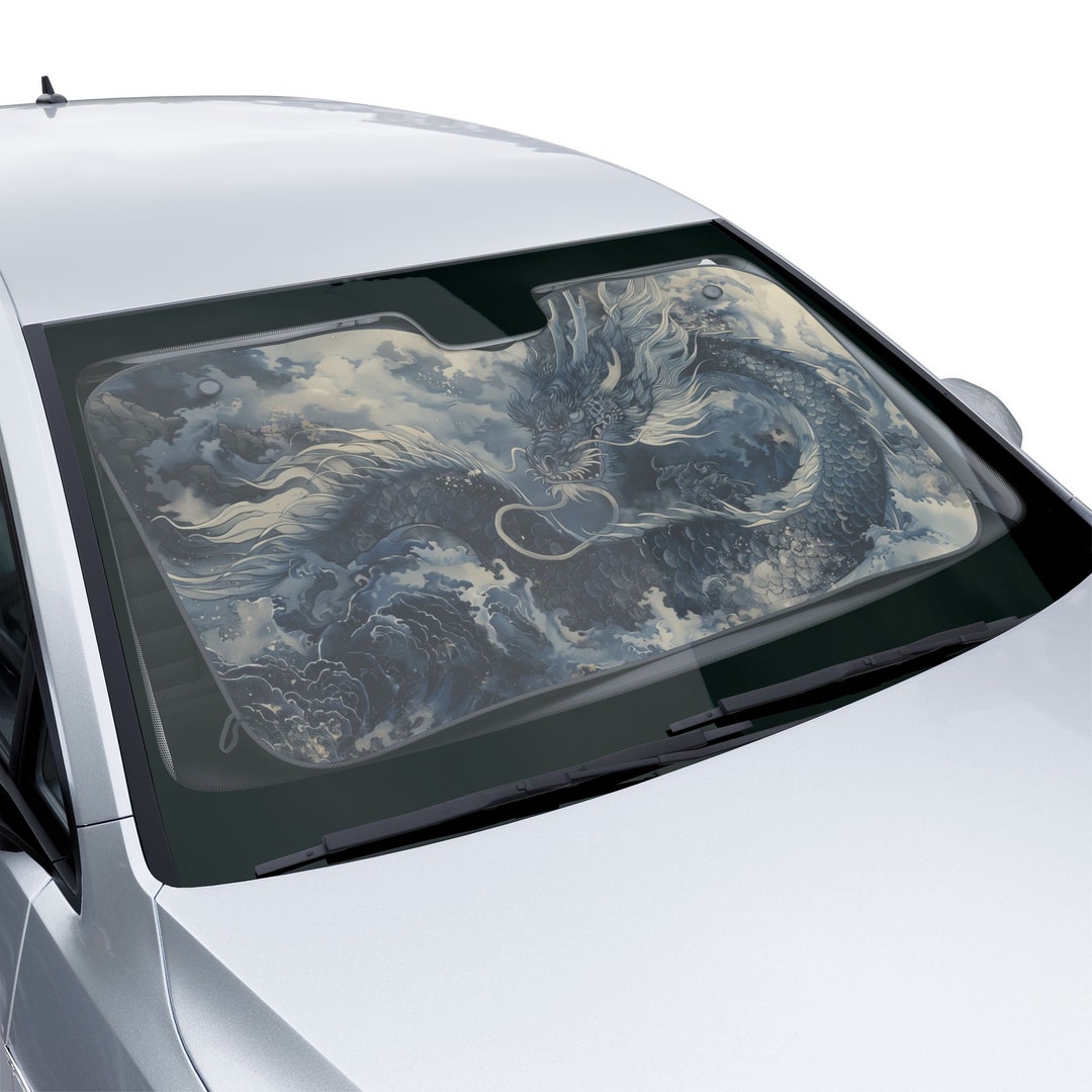 Japanese Blue Dragon Car Decor - Car Windshield Sun Shade - Windshield ...
