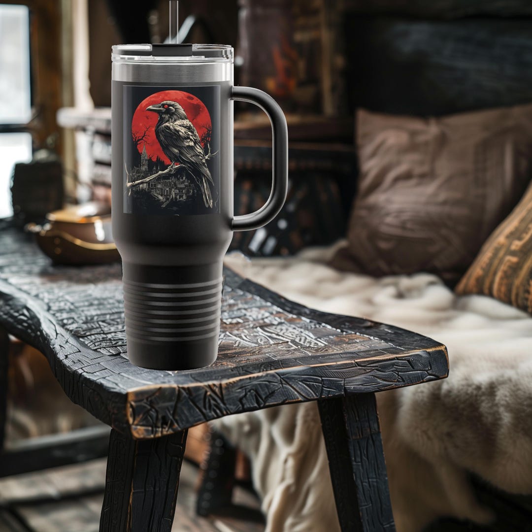 Dark Romanticism Gothic Crow and Town - 40oz Insulated Travel Tumbler ...