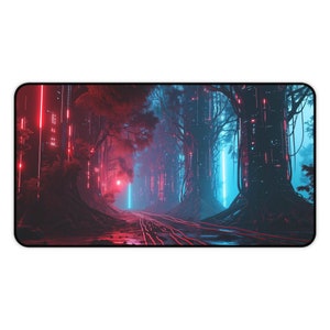 Cyberpunk Forest Gaming Desk Mat, Techno Futuristic Nature Mousepad ...