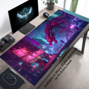 Pixelart Cyberpunk Tokyo and Cyberdragon Fantasy Gaming Desk Mat ...
