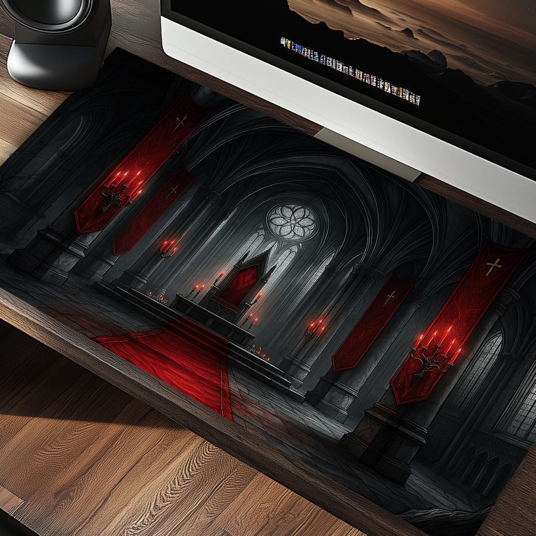 Gothic Throne Room Gaming Desk Mat, Black Red Gray Game Table Decor ...