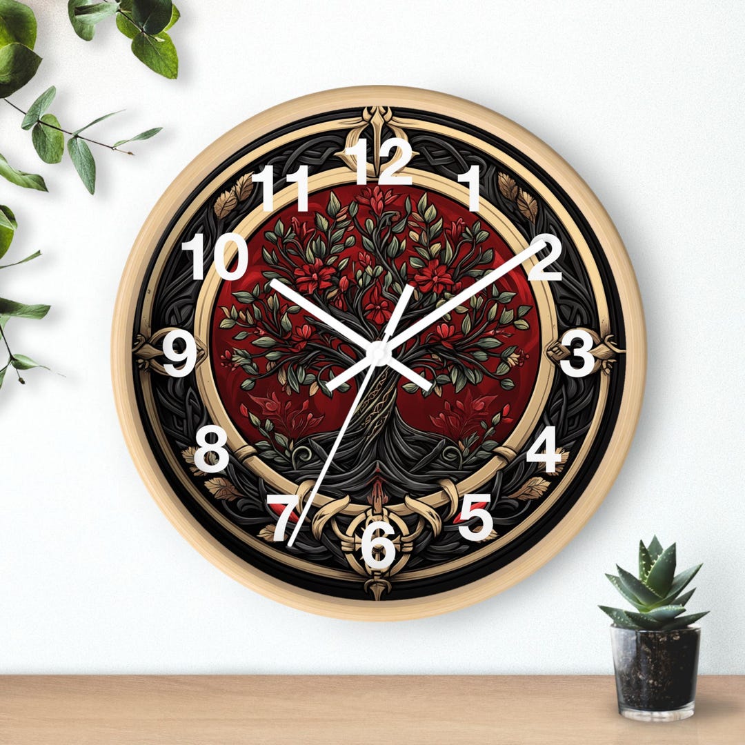 Crimson Bloom Celtic Tree Motif - 10" Round Wall Clock - Living Room or ...