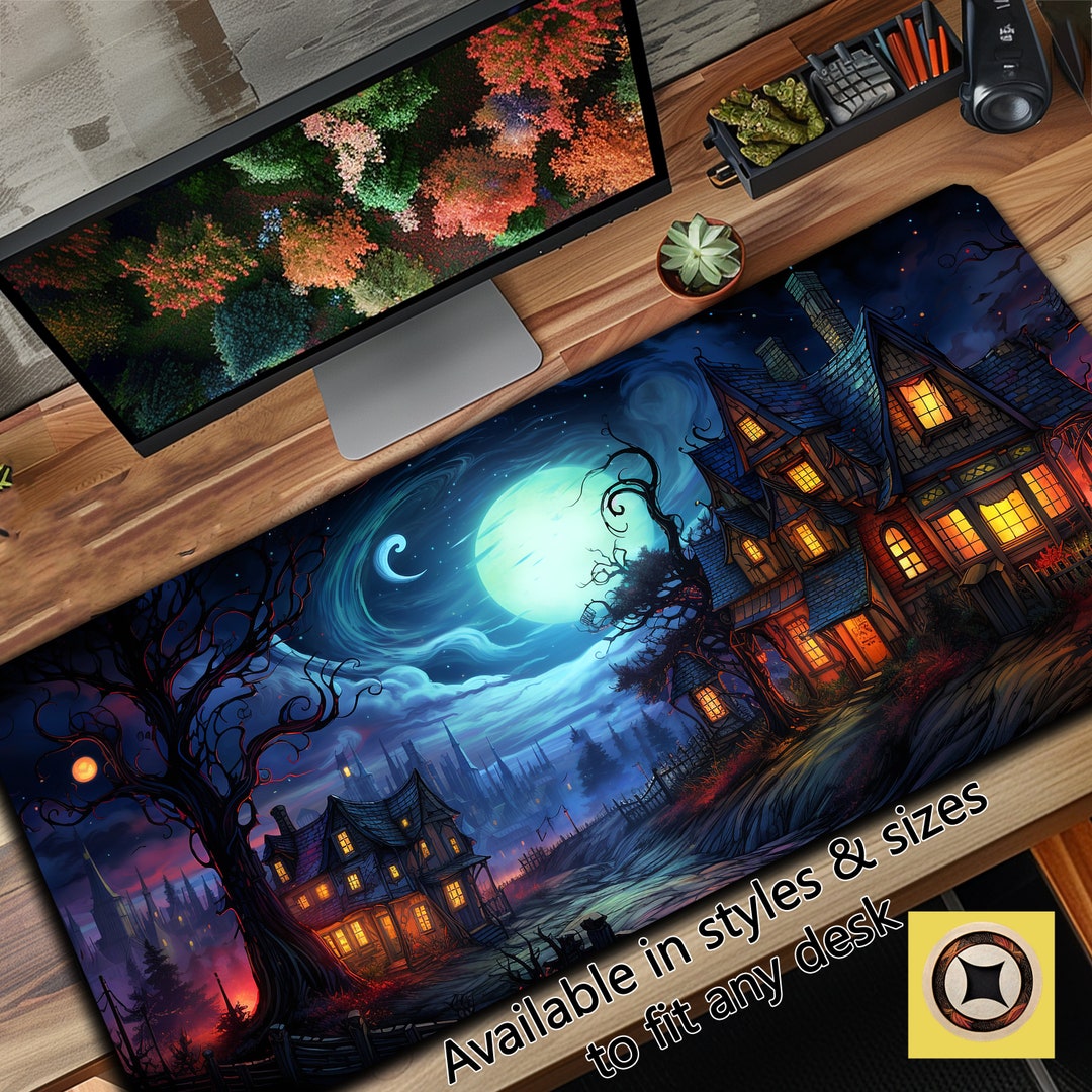 Mysterious Houses on a Mystic Midnight Desk Mat, Halloween Mousepad ...