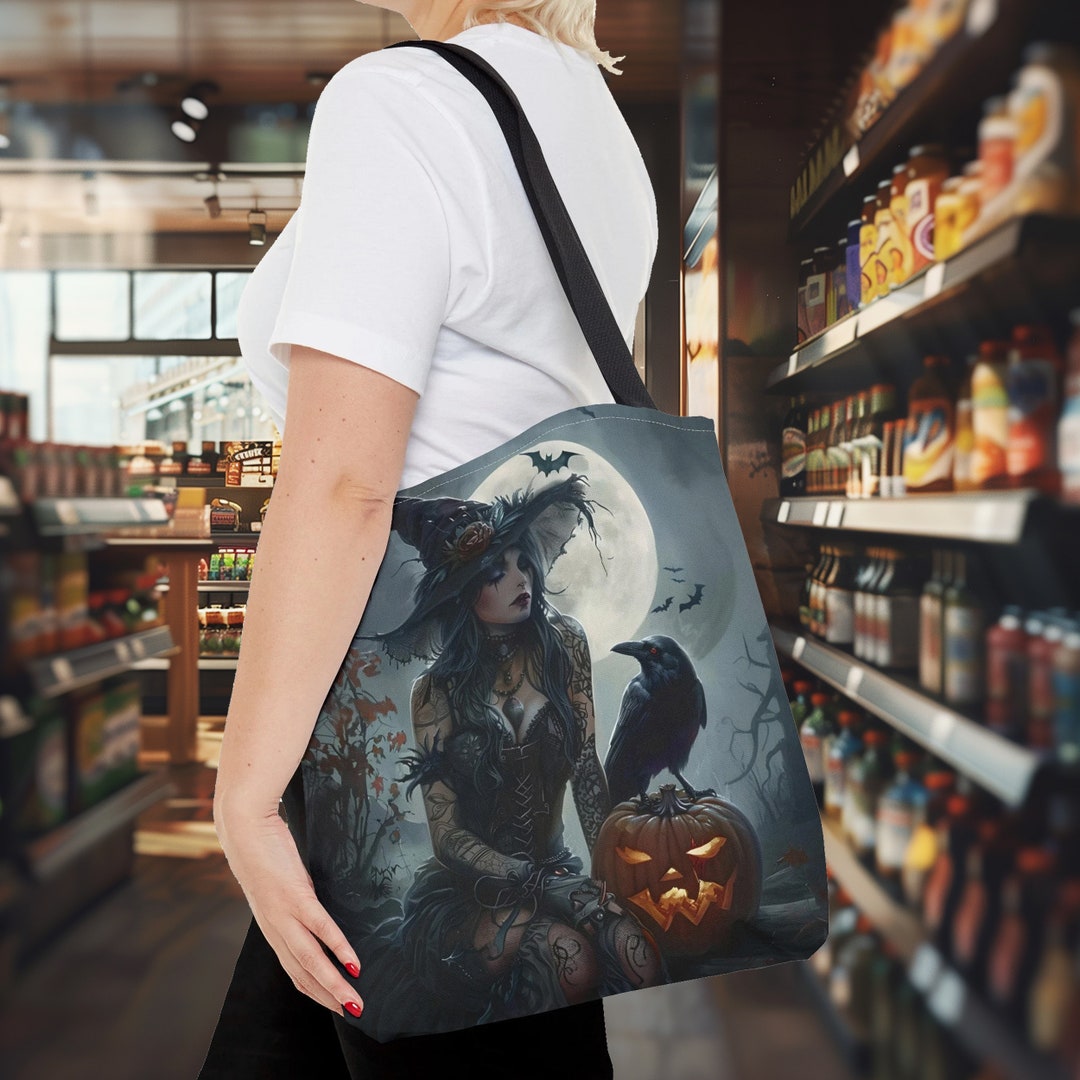 Gray Witch Spooky Tote Bag Featuring Aluring Gothic Witch With Tattooed ...