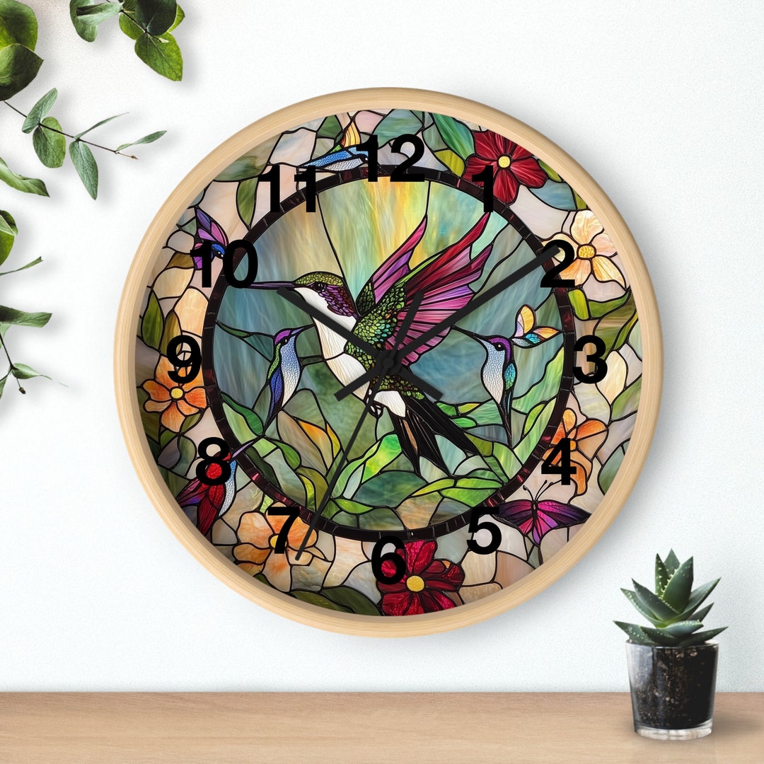 Lovely Hummingbirds Round Wall Clock Featuring Look of Stained Glass ...