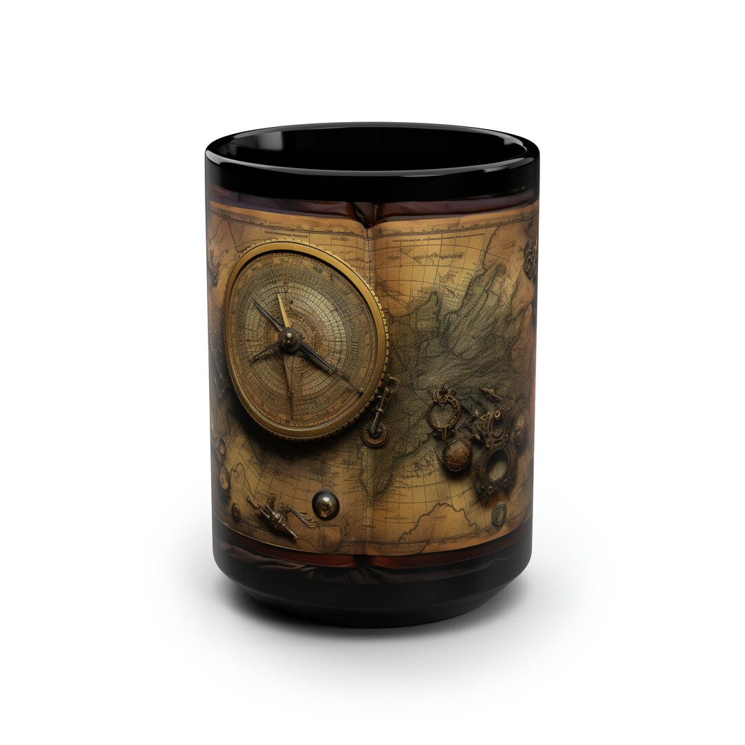 Pirate Treasure Map 15oz Black Coffee Mug Featuring Broken Compass and ...