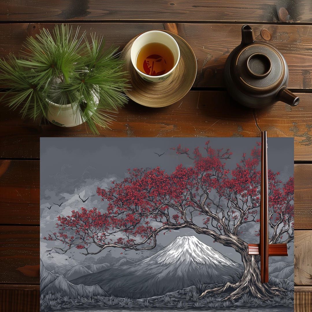 Elegant Japanese Mount Fuji Red Sakura Blossoms Placemat - Japanese Art ...