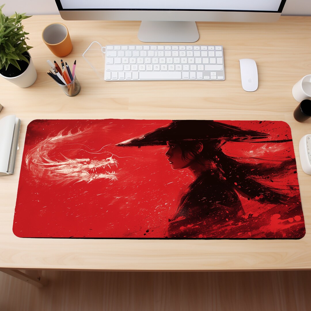 Red and Black Japanese Female Samurai and Dragon Desk Pad, Japan Desk ...