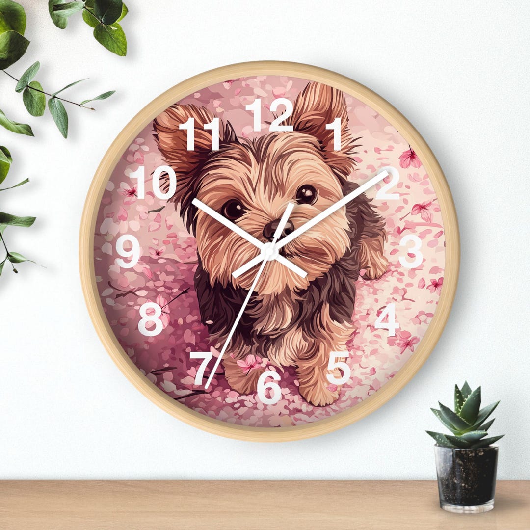 Cute Sakura Yorkie 10" Round Wall Clock - Battery Operated Clock for ...