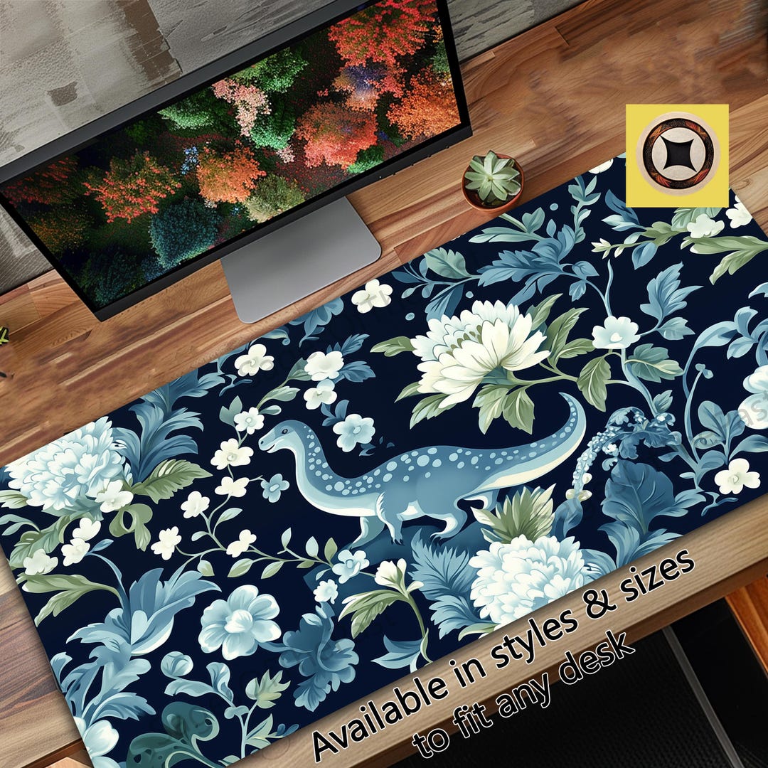 Dinosaur in Floral Wonderland Cute Desk Mat Mousemat - Whimsical Desk ...