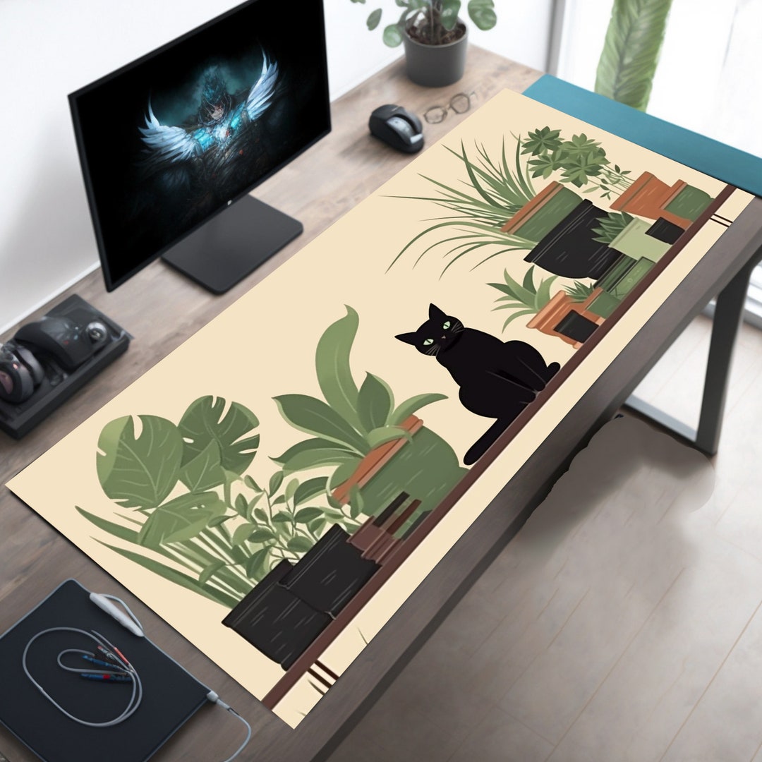 Lofi Cat Desk Mat, Cute Desk Pad, Aesthetic Mousepad, Plant Mouse Pad ...