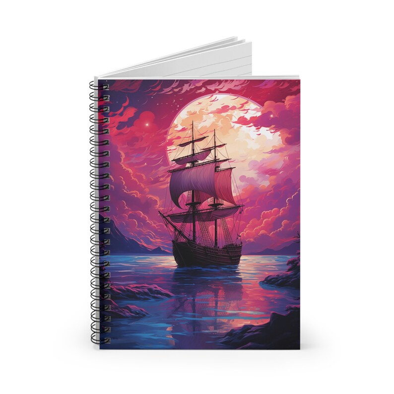 Spiral Notebook, Electric Pink Full Moon Pirate Ship, Personal Journal ...