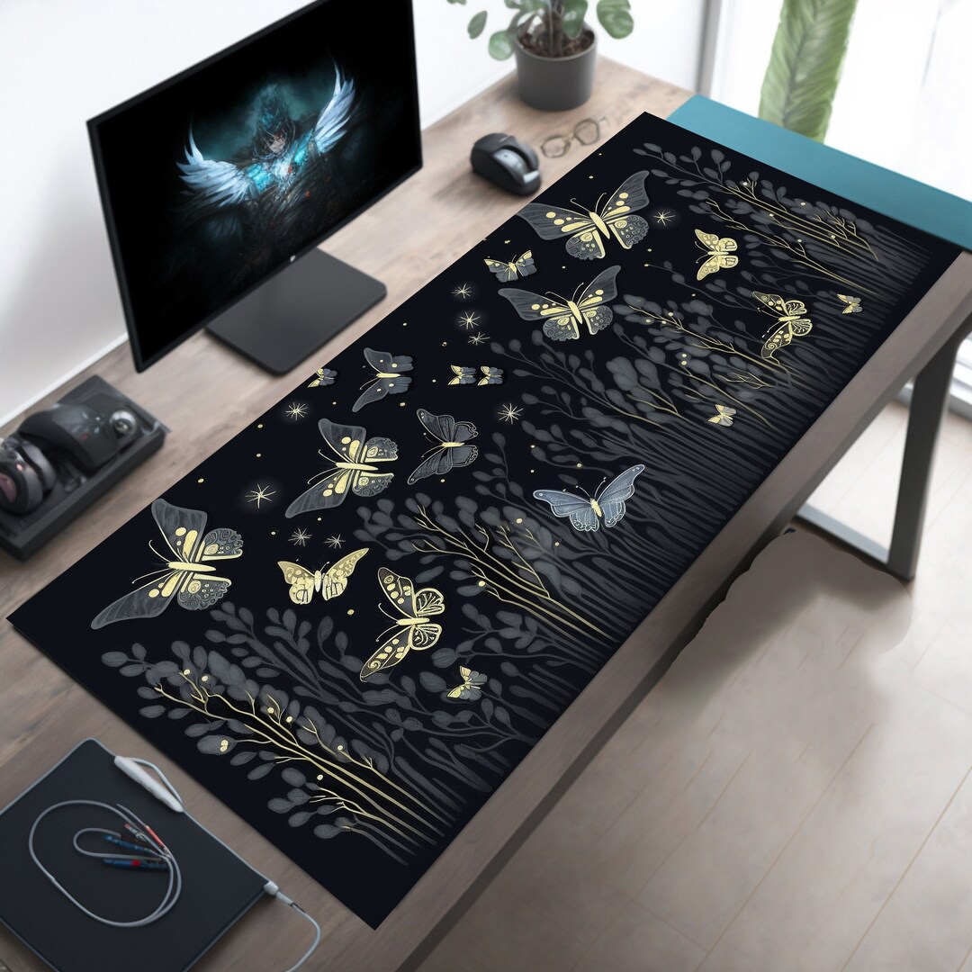 Fairycore Dark Cottagecore Desk Mat, Bioluminescent Butterflies Mouse ...