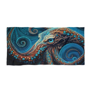 Epic Artisan Octopus Beach Towel, Blue & Orange, Swirling Water Design ...