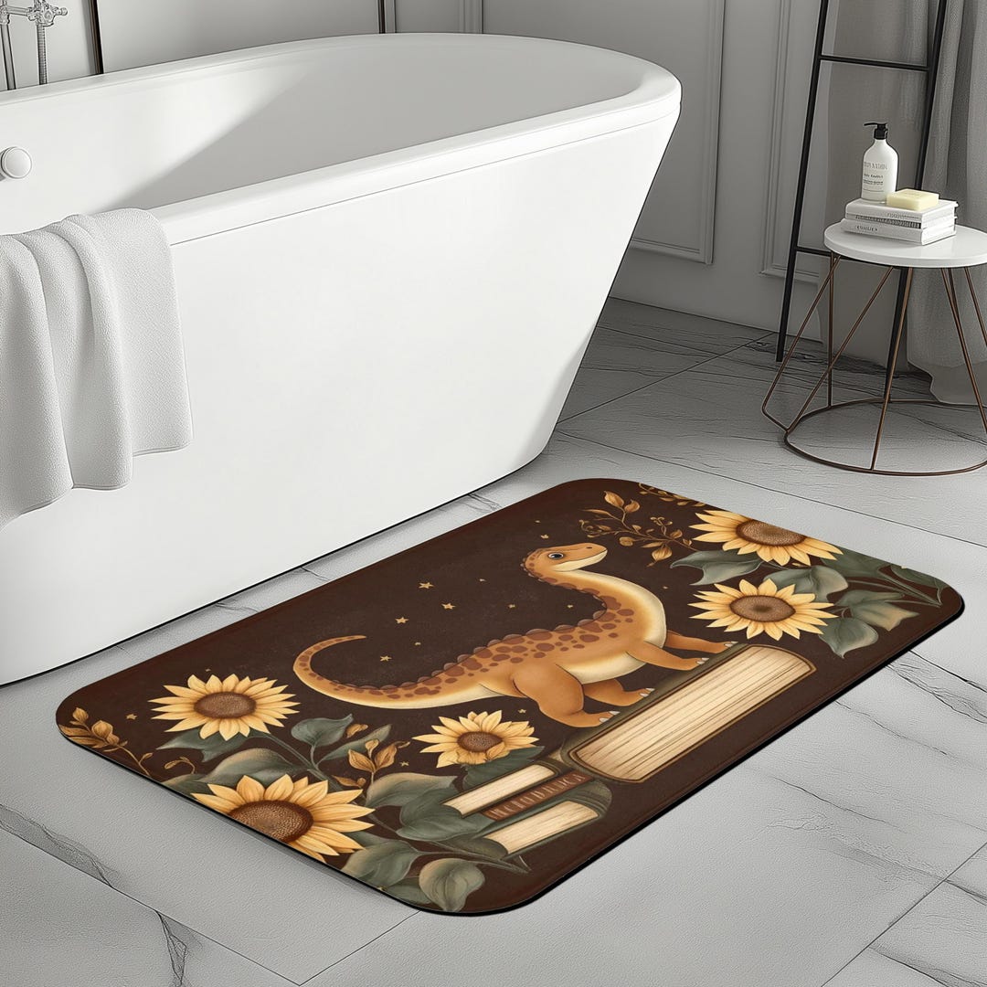 Cute Bookish Sunflower Dinosaur Bath Mat / Kitchen Floor Mat / Entryway ...