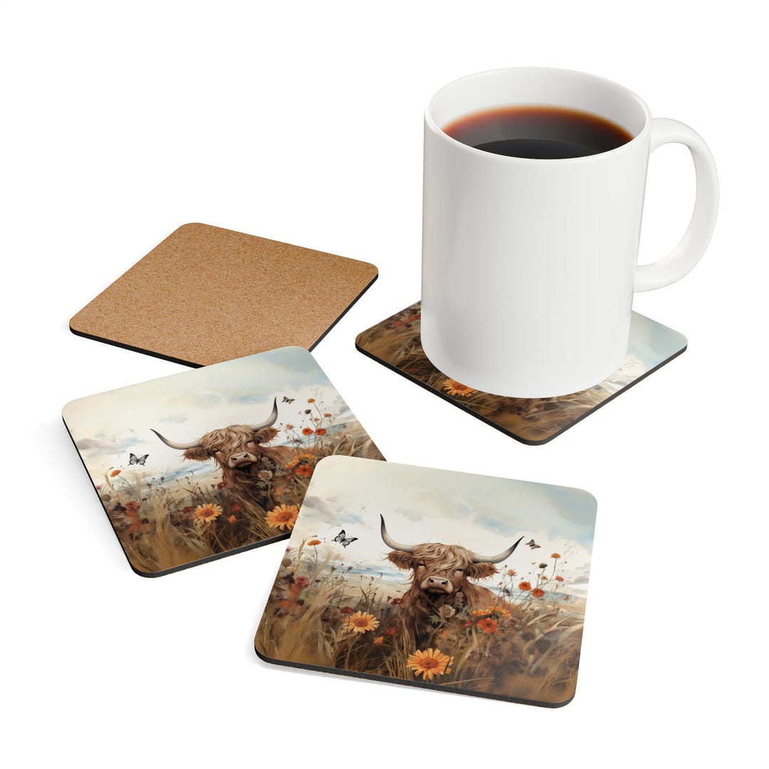 Cute Highland Cow Coasters - Set of 4 Corkwood Coaster Set - Cute ...