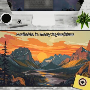 MCM Desk Mat Mousepad Featuring Western Mountain Sunset in Mid Century ...