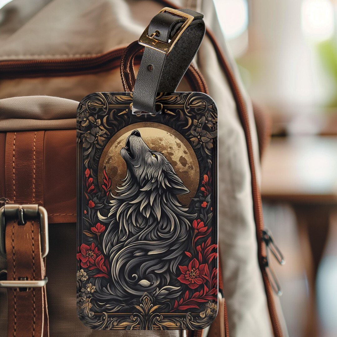 Gray Wolf Howling at Moon Art Bag Tag - Unique Fantasy Backpack Tag for ...