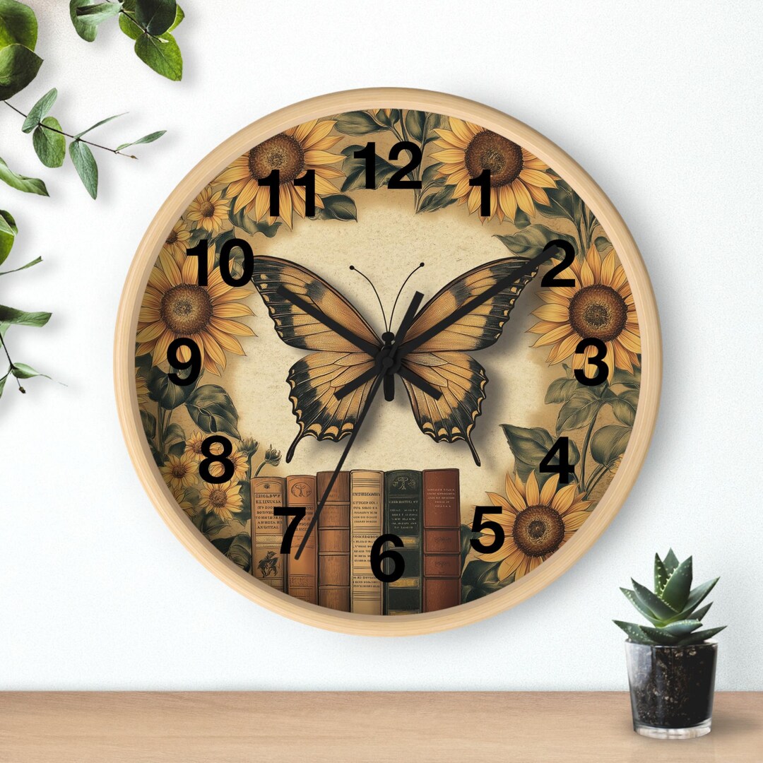 Butterfly Books Sunflower Round Wall Clock Teachers Gift Classroom ...