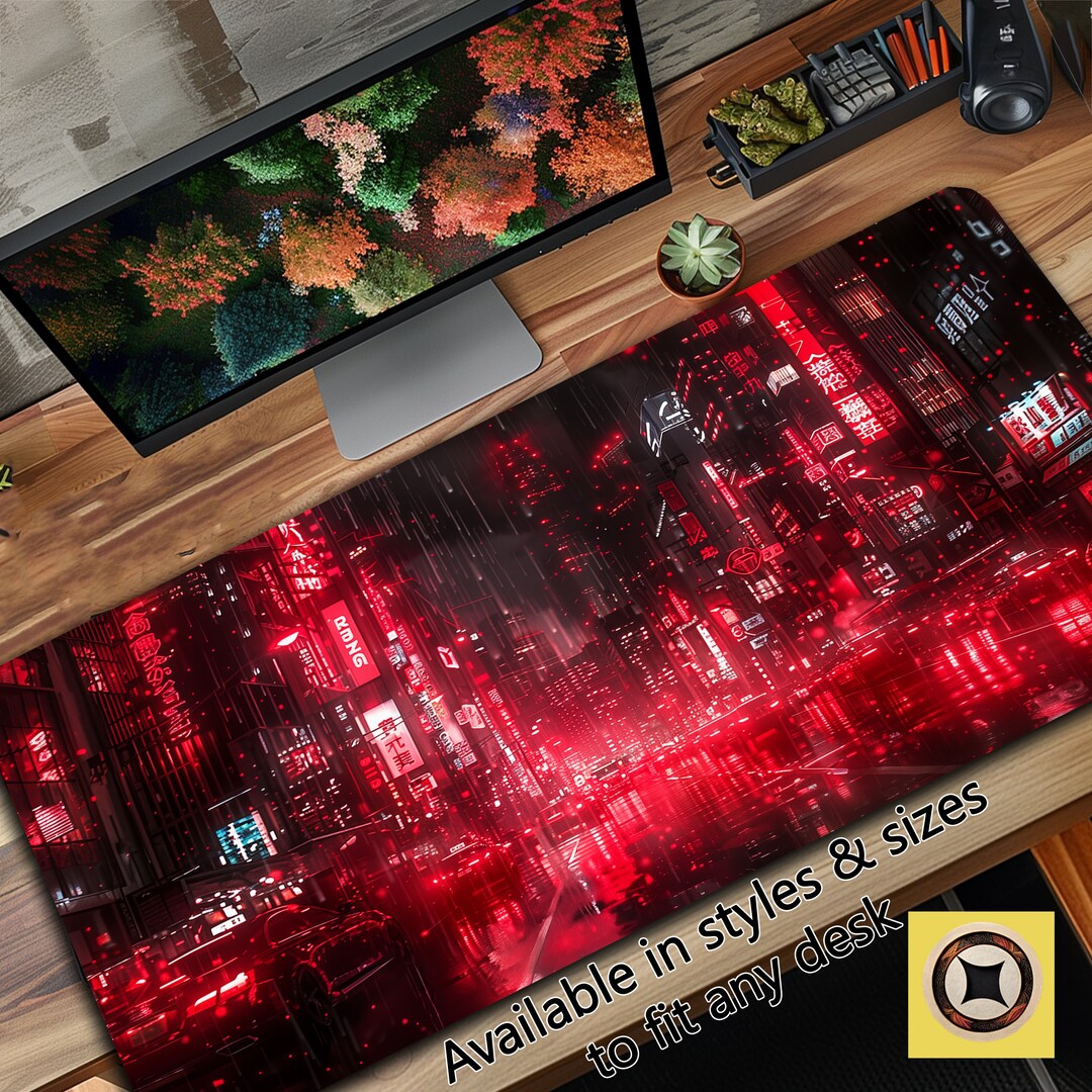 Neon Red Cyberpunk City in the Rain Gaming Desk Mat - Game Table Setup ...
