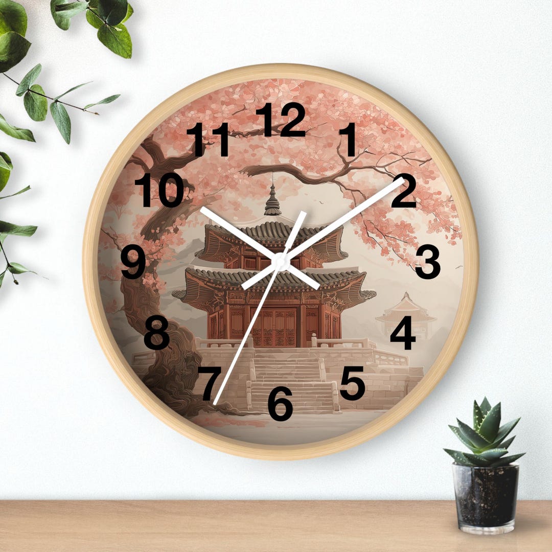 Sakura Temple - 10" Round Wall Clock - Wooden Frame - Glass Cover ...