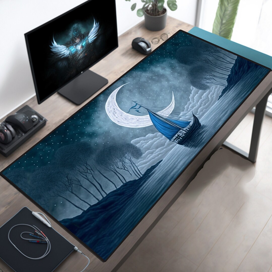 Crescent Moon Desk Mat | Boho Night Sailing Mouse Pad | Minimalist ...