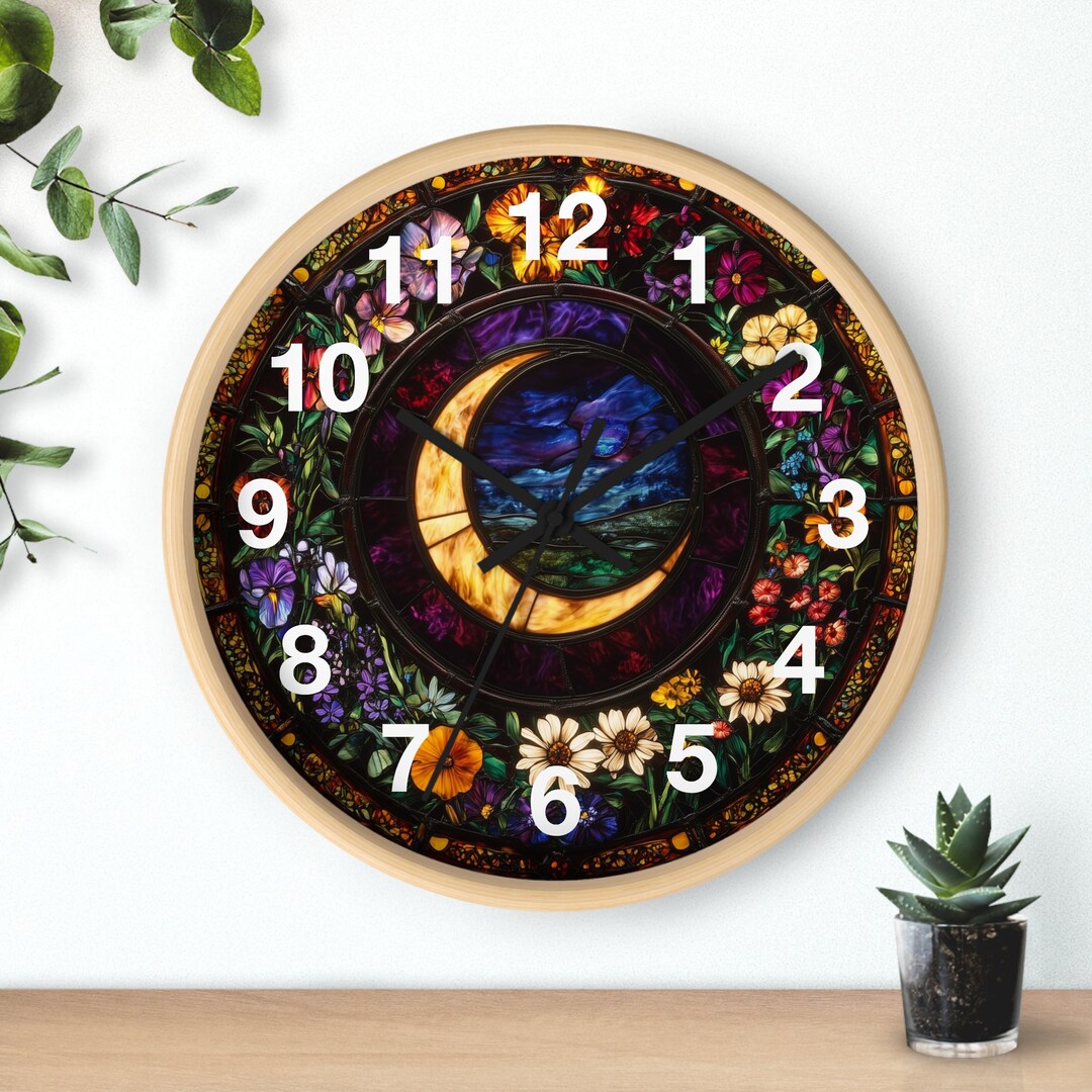 Round Wall Clock Featuring Gothic Crescent Moon and Wildflowers in the ...