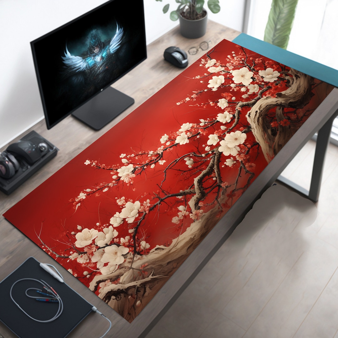 Red Japanese Vintage Style Floral Desk Mat, Japanese Desk Mat, Japan ...