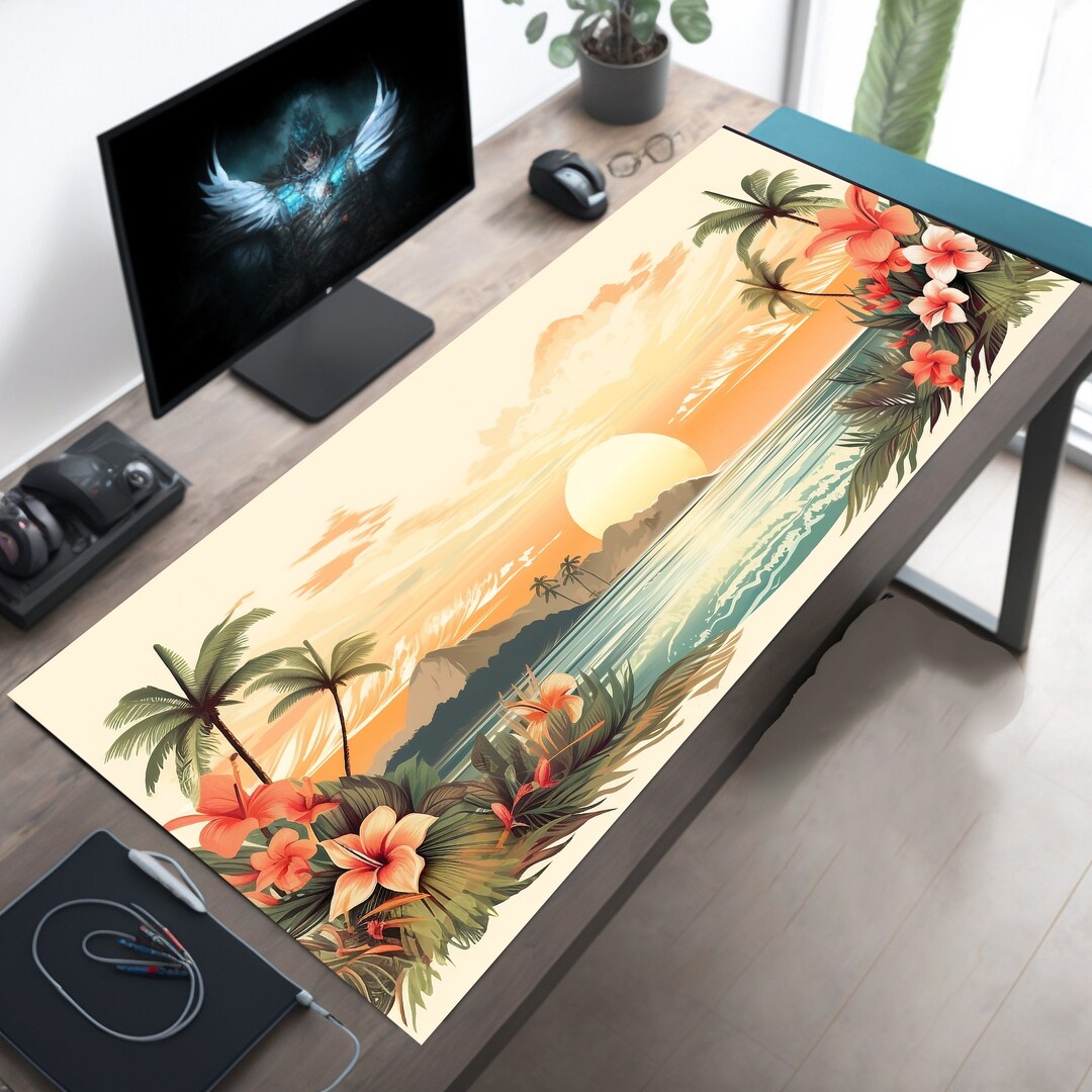 Aesthetic Hawaii Sunset Beach Desk Mat, Lofi Pixel Art, XL Tropical ...