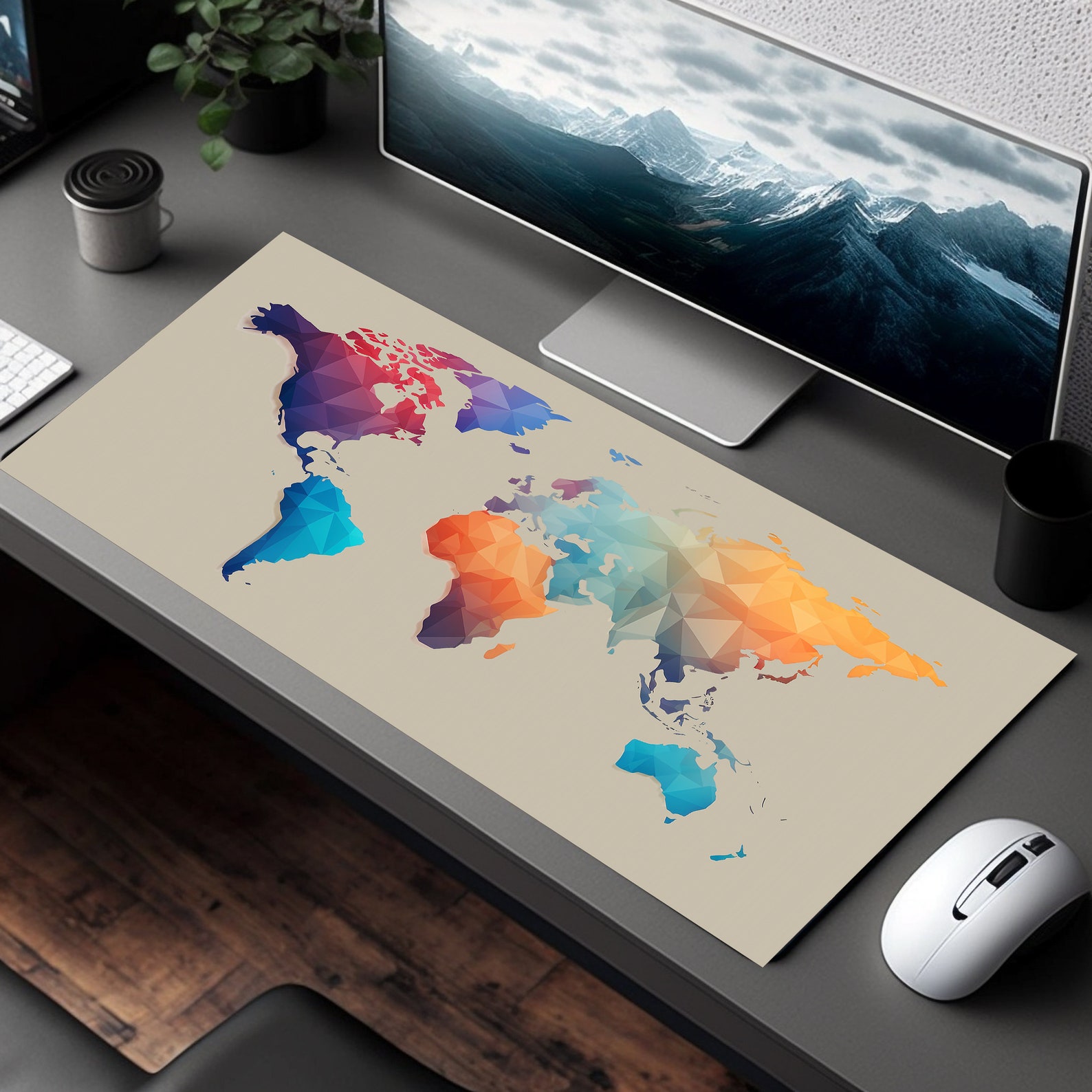 Artisan Geometric World Map Desk Mat, Colorful Map Mousepad, Stylized ...