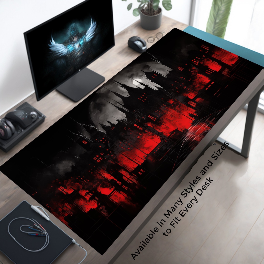 Horror Desk Decor, Gothic Town at Night, Red and Black Desk Mat ...