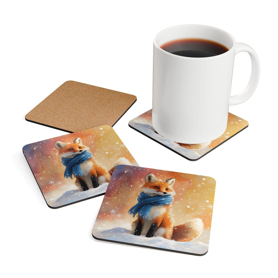 Cute Japanese Red Fox - Set of 4 Corkwood Coaster Set - Winter Fox With ...