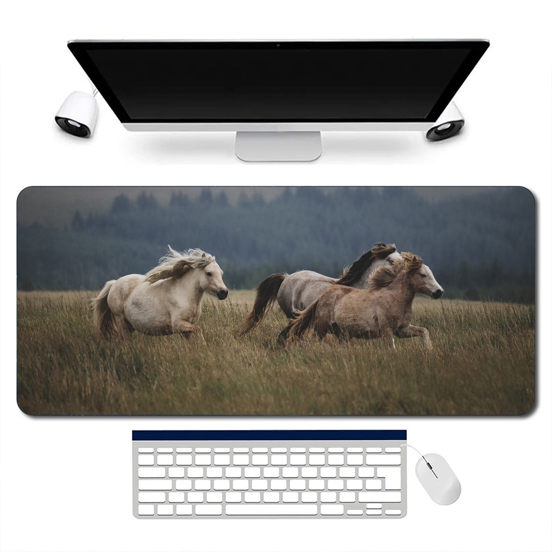 Desk Mat, Wild Horses Running in Field Mouse Pad, Desk Pad , Keyboard ...