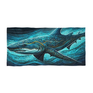 Vibrant Pointillism Shark Beach Towel - Turquoise Blue & Green, Yellow ...