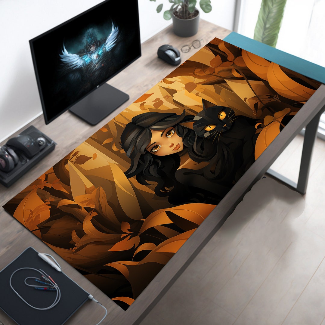 Cubist Girl and Cat, Cute Mouse Pad XL, Extra Large Mousepad, Anime ...