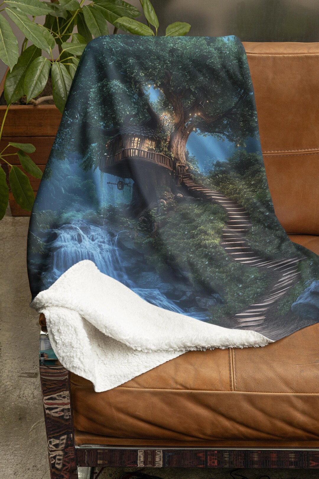 Fantasy Forest Treehouse and Water Cascades Warm and Cozy Throw Blanket ...