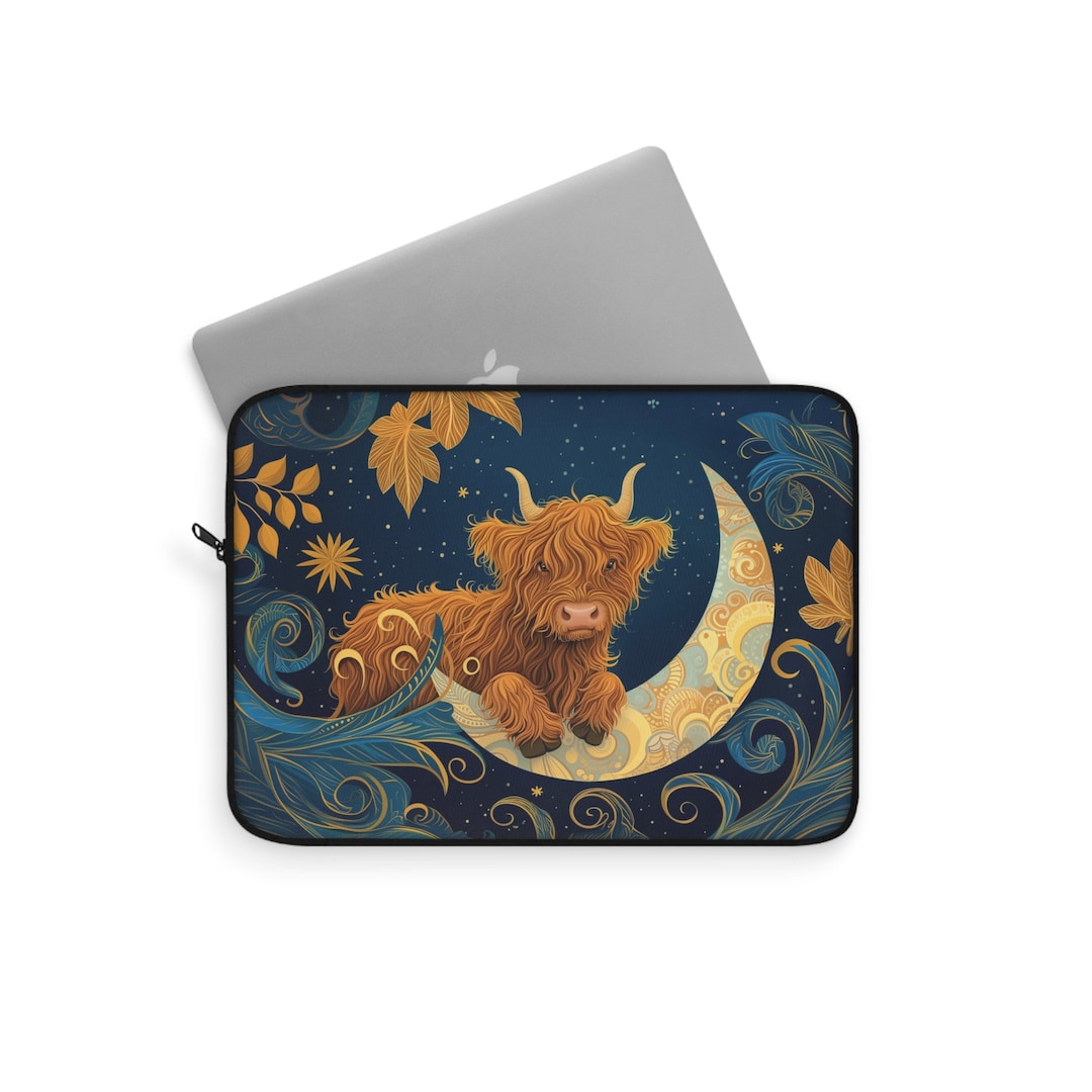 Cute Baby Highland Cow Hugging the Moon Laptop Sleeve, Cow Tablet Case ...