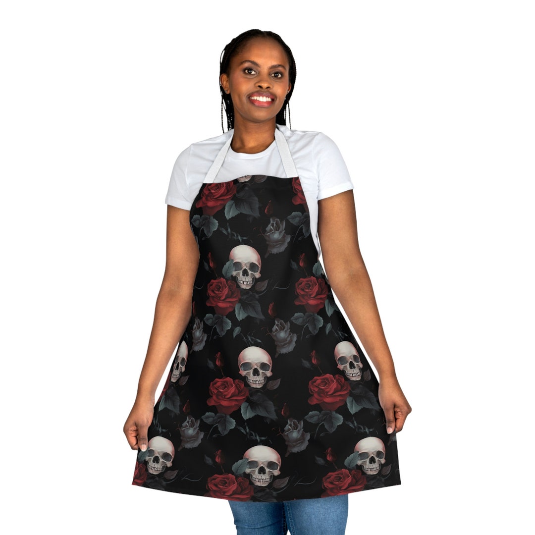 Gothic Skull & Roses Apron, Black and Red Floral Kitchen Accessory ...