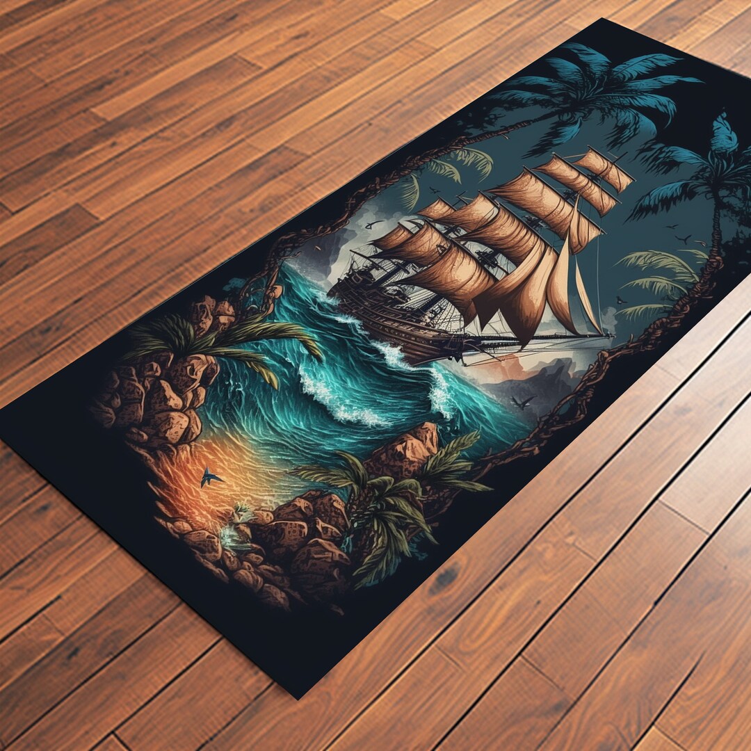 Adventure Awaits With Pirate Ship Print Yoga Mat Featuring Microfiber ...
