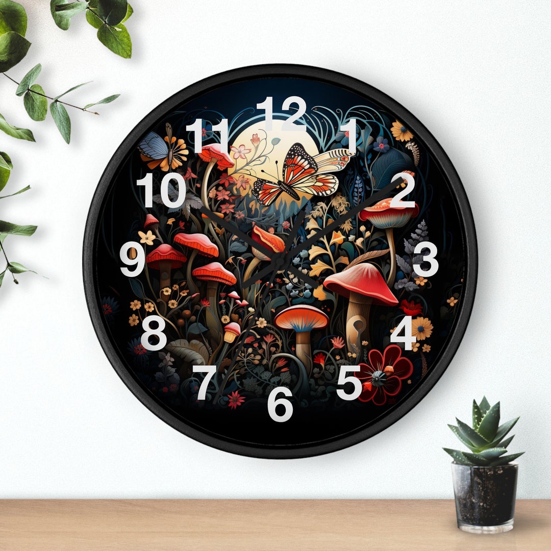 Midnight Mushrooms, Artisan Wall Clock, Whimsical Butterfly & Red ...