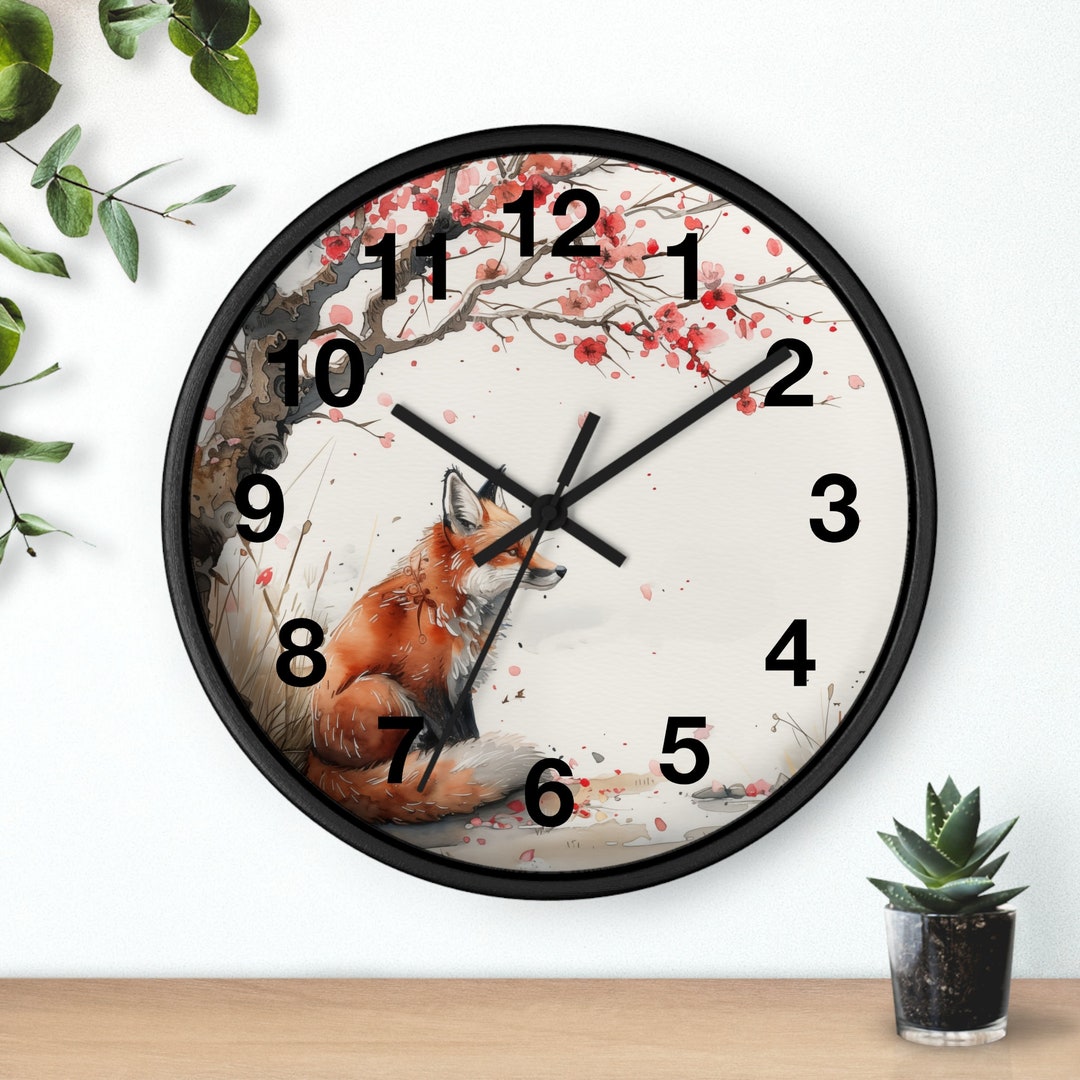 Cute Japanese Red Fox Round Wall Clock - Fox Clock - Asian Sakura and ...