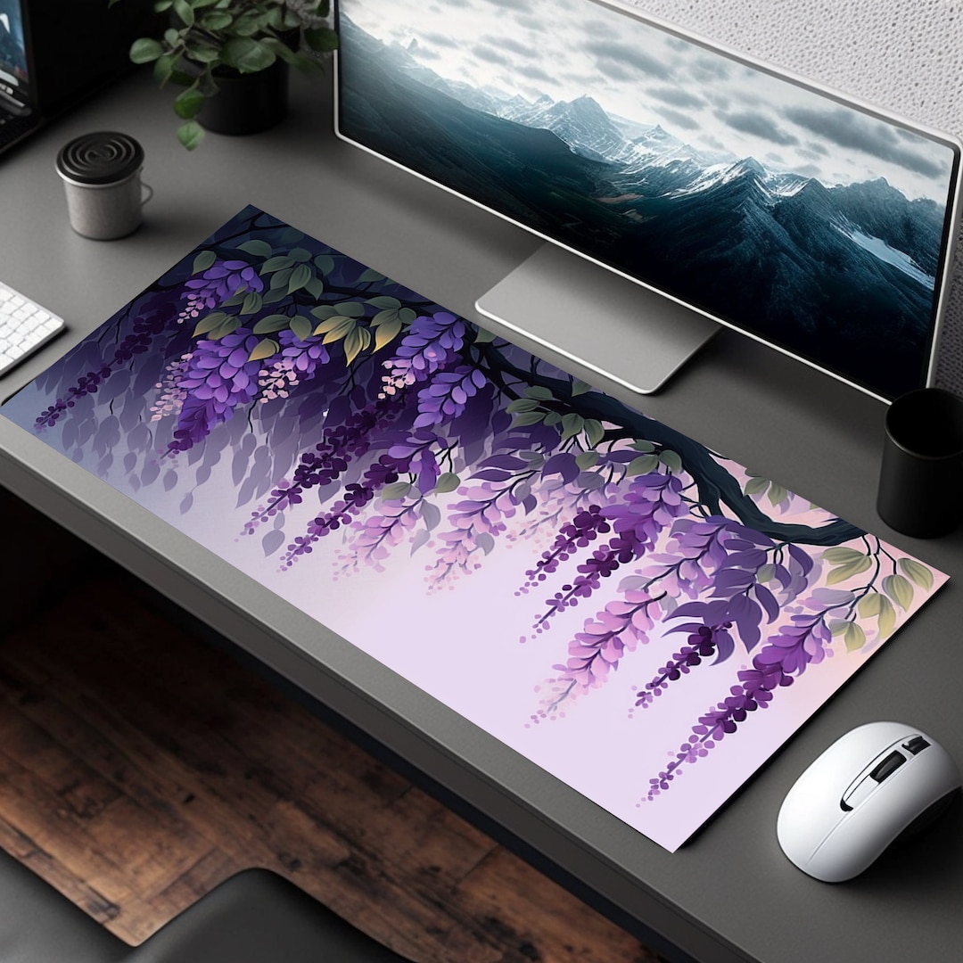 Purple Wisteria Desk Mat, Pastel Floral Office Decor, Anti-fray Hemmed ...